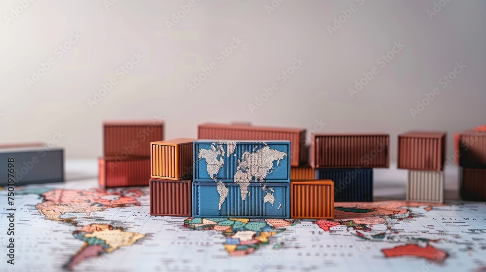 Miniature shipping containers arranged on a world map, symbolizing the ...