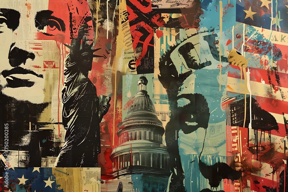 Collage with American symbolism and political figures. Pop art style ...