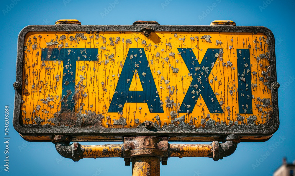 Poster, Foto Iconic yellow taxi sign against a clear blue sky ...