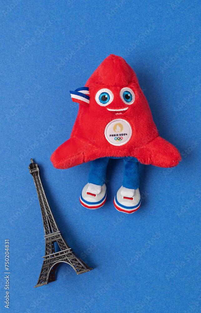Lyon, France - March 19, 2024. Phryges Cap, mascot of the 2024 Olympic ...