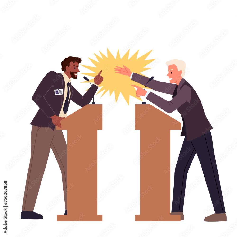 Aggressive debates of politicians standing behind podiums during ...