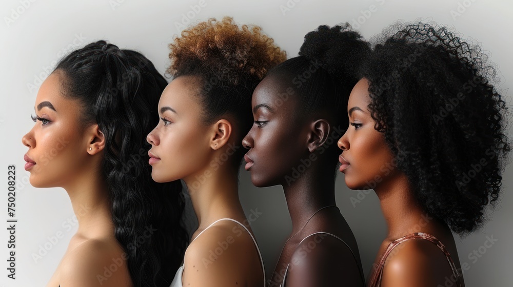 a group of women with curly hair standing in front of a white wall with ...