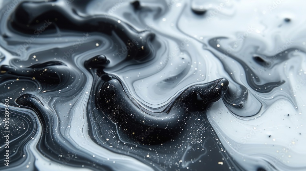 a close up of a black and white swirl with gold speckles on the bottom ...