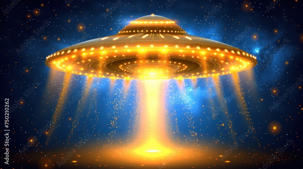 an illustration of a flying saucer with light beams coming out of it in ...