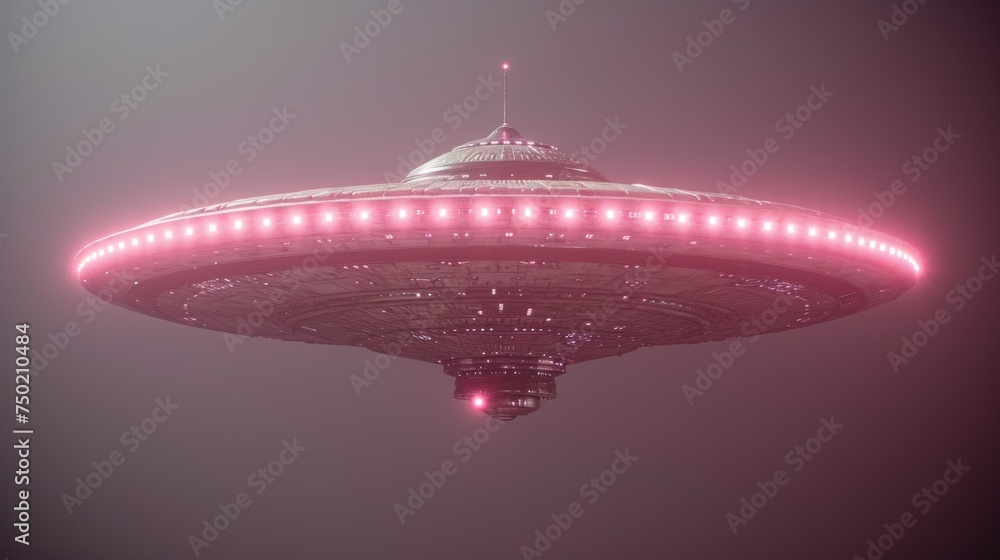 an alien ship floating in the air with a pink light on it's side and a ...