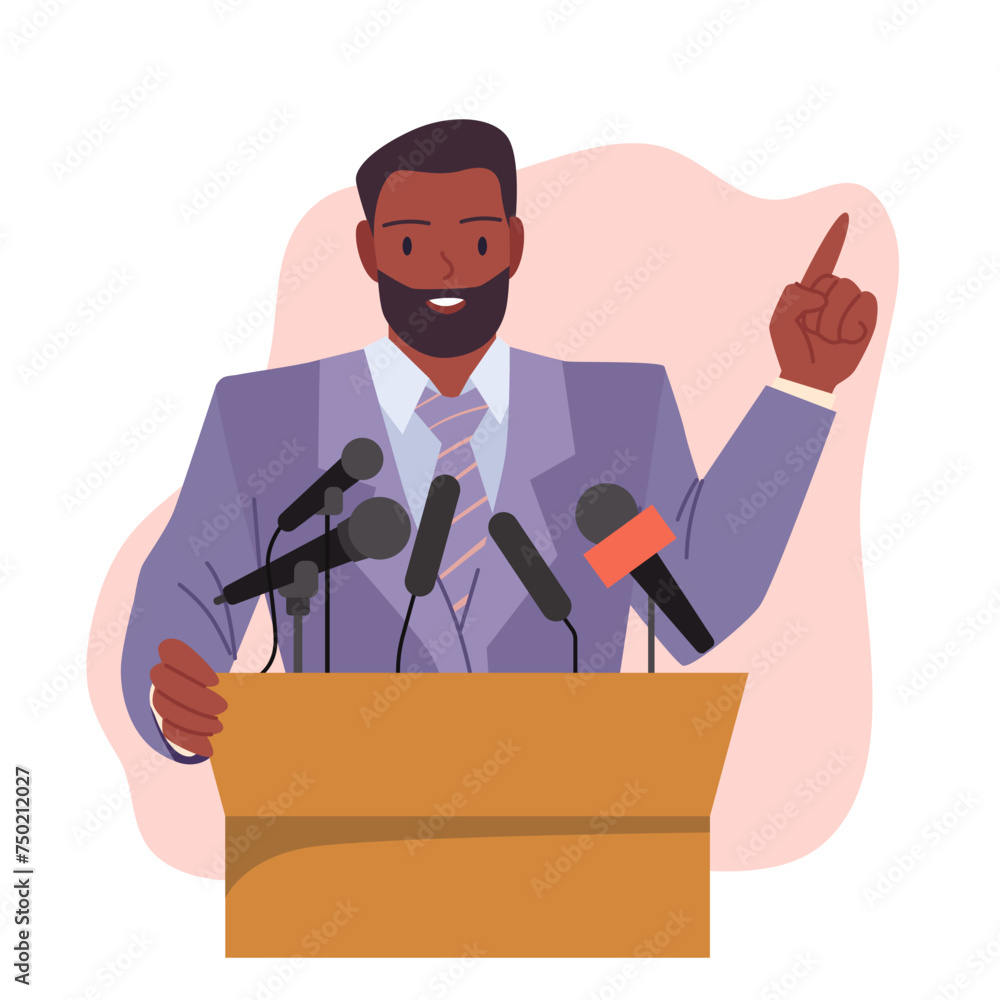 Man speaker speaking from podium with microphone. Male leader with ...