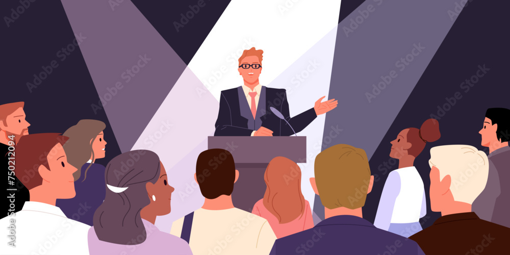 Public speech of speaker at podium during conference. Smart happy man ...