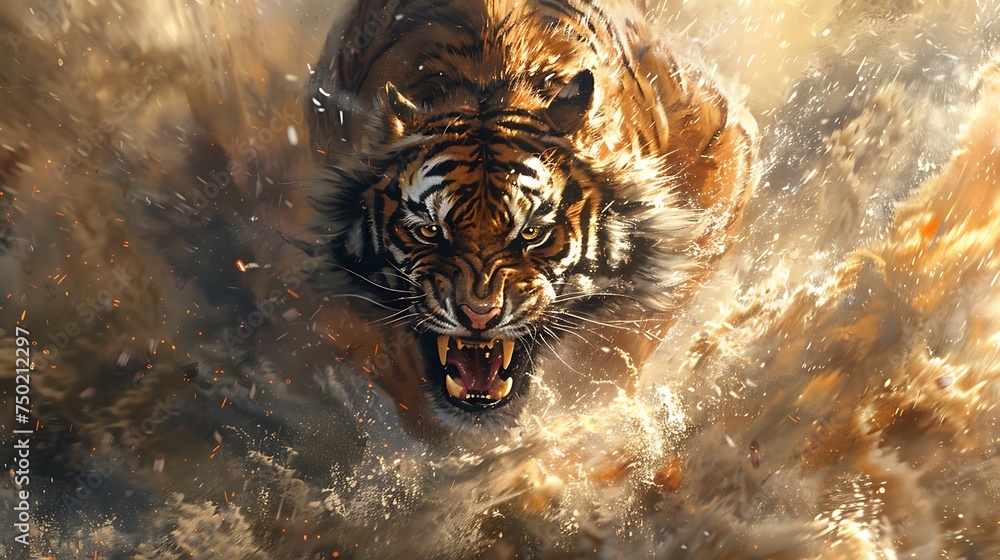 Color artwork depicting a ferocious tiger wielding its claws, leaving ...