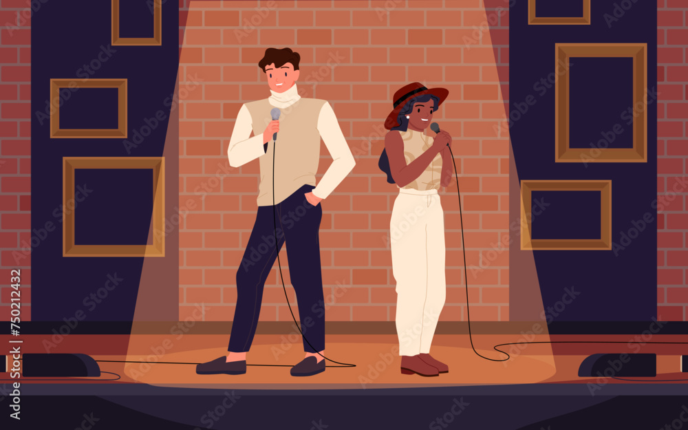 Two talent artists standing on theater stage in spotlight with brick ...