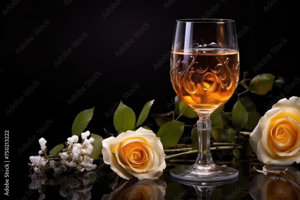 A sophisticated crystal glass filled with an amber-colored drink ...