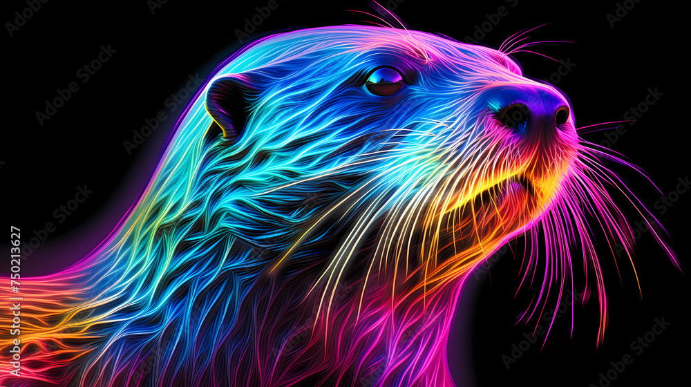 Sea Otter Animal Plexus Neon Black Background Digital Desktop Wallpaper ...