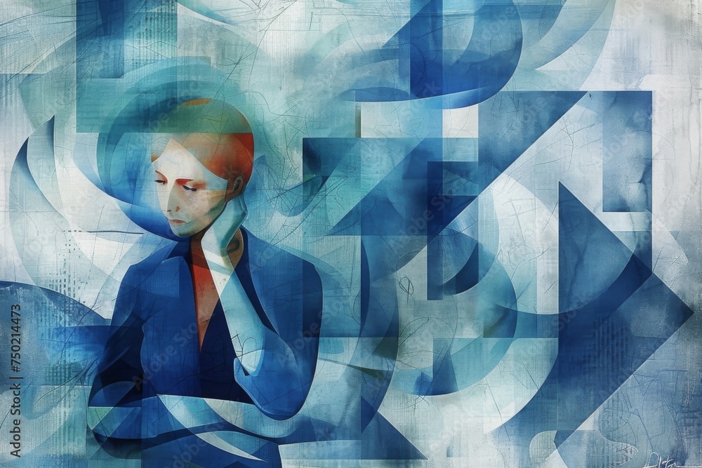 Abstract painting of a woman in blue tones with geometric shapes ...