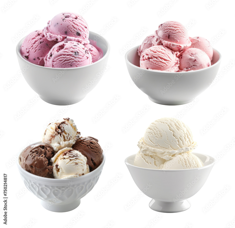 Ice cream collection on a white bowl of various flavors, transparent ...