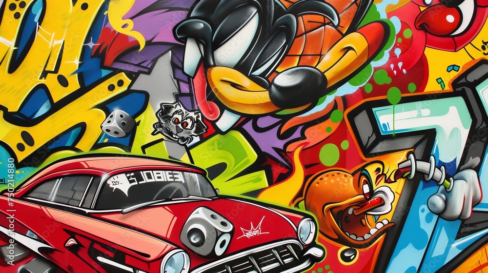 A detailed graffiti drawing is depicted, showcasing cartoon characters ...