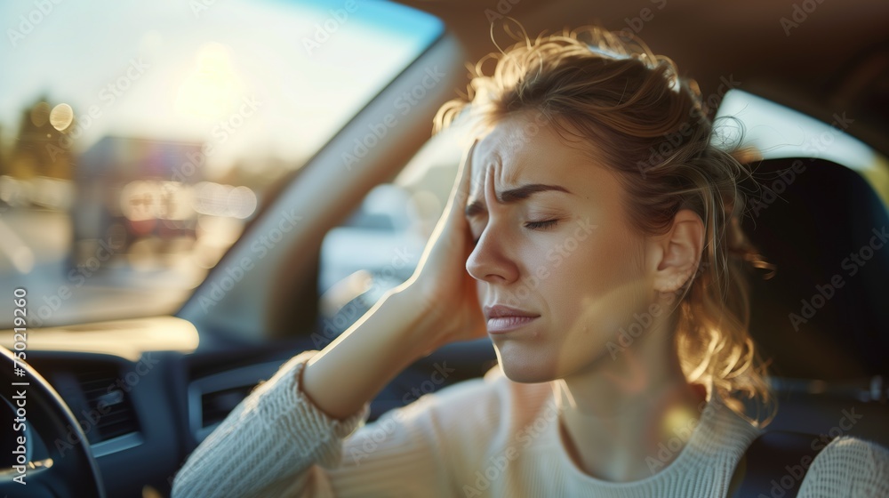 Upset or tired female driver rubbing nose and forehead sitting inside ...