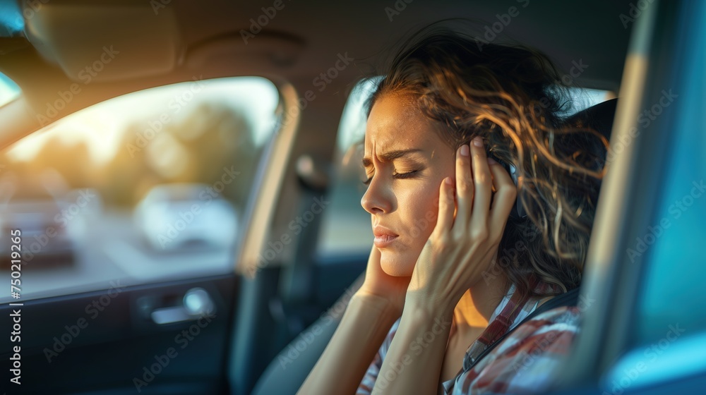 Upset or tired female driver rubbing nose and forehead sitting inside ...