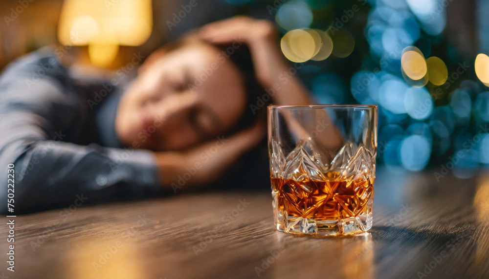 passed out, head on table, hand holding whiskey, blurred background ...