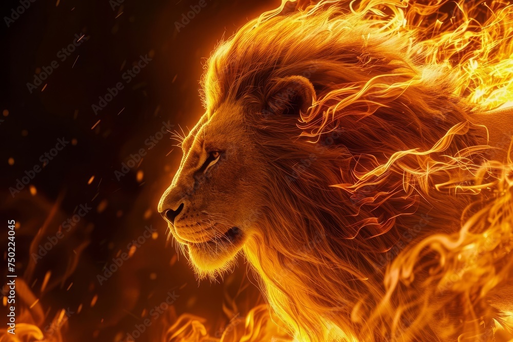 Majestic fire lion portrait Its mane ablaze with flames Representing ...