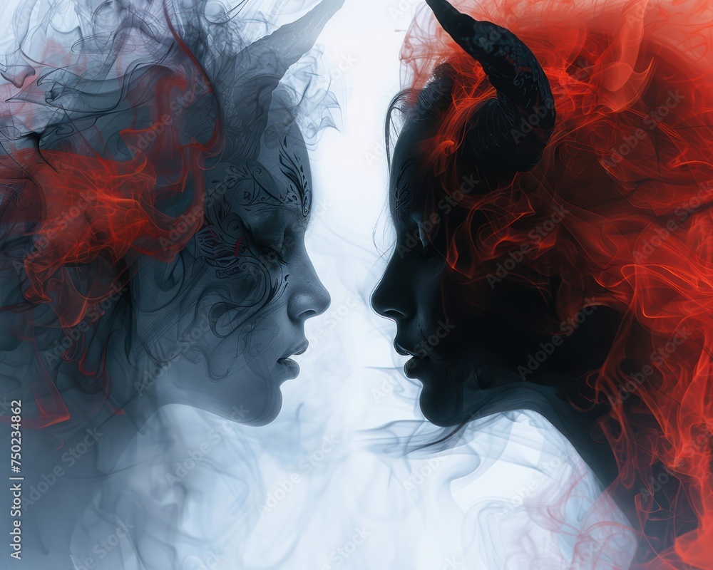 A mysterious whisper between a devil and angel captured in a closeup ...