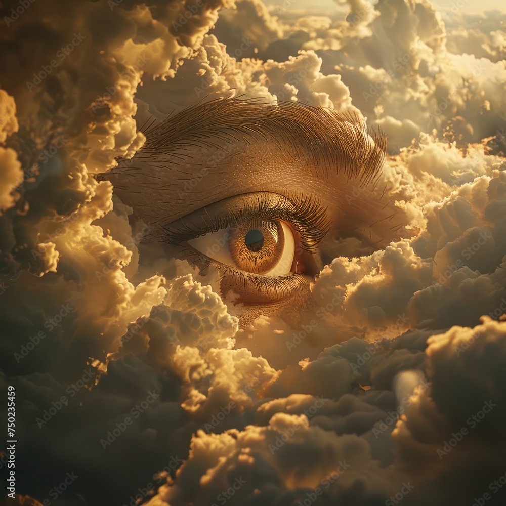 God s eye peering through golden hour clouds closeup in a minimalist ...