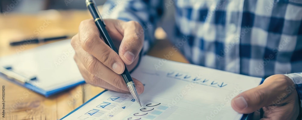 Foto de A man holding a checklist file in his hand and checking it with ...