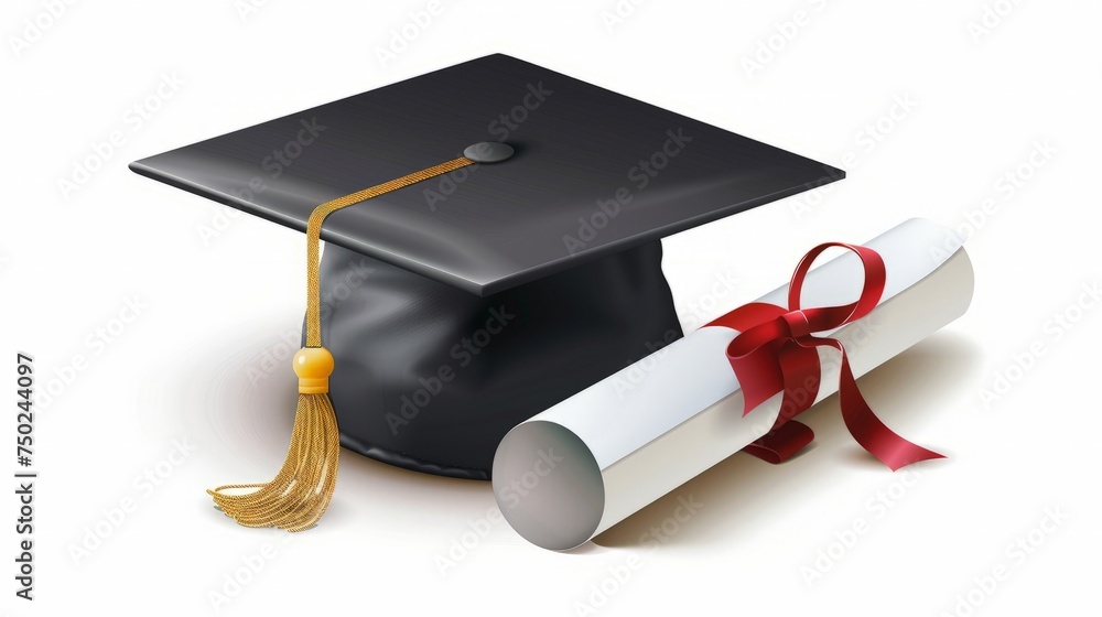 Realistic graduation cap and diploma scroll isolated on white ...