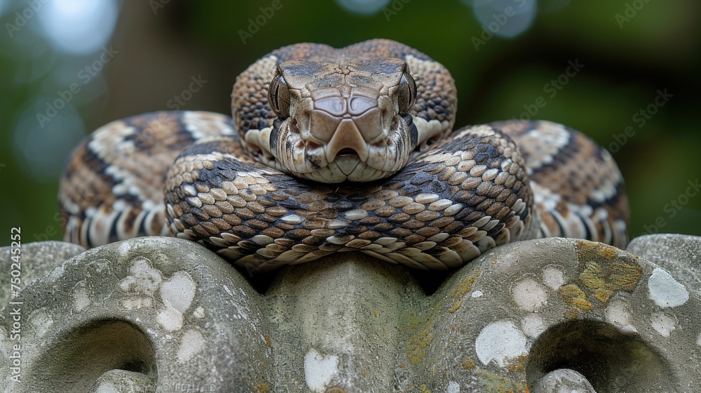 a close up of a snake's head on top of a stone pillar with a paw print ...