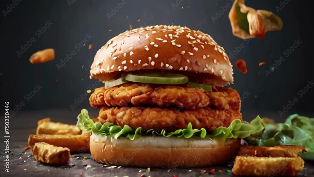 fresh crispy fried chicken burger sandwich with flying ingredients and ...