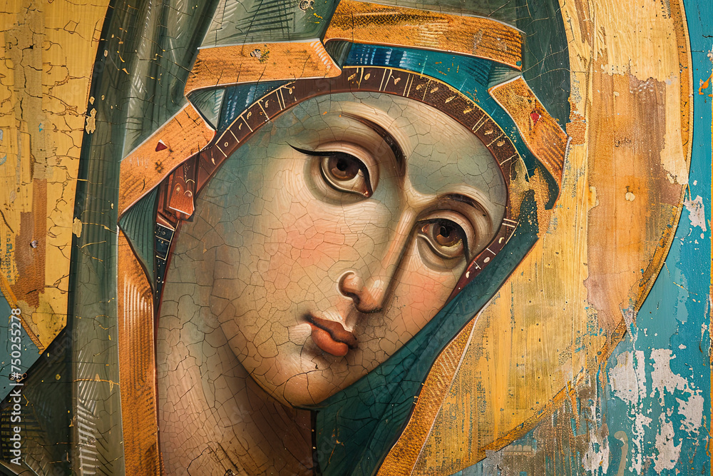 Vintage Icon Artwork Depicting Religious Figures with Crackled Texture ...