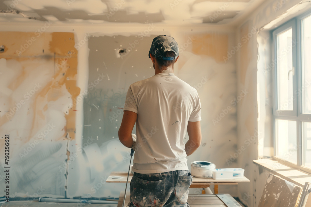 Painter with his back turned in a room under construction, home ...