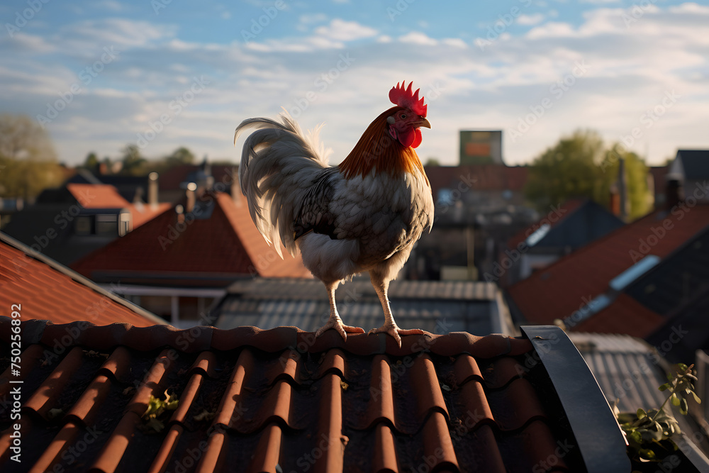 Rooster on a Roof, chicken on roof, rooster chicken sitting on a roof ...