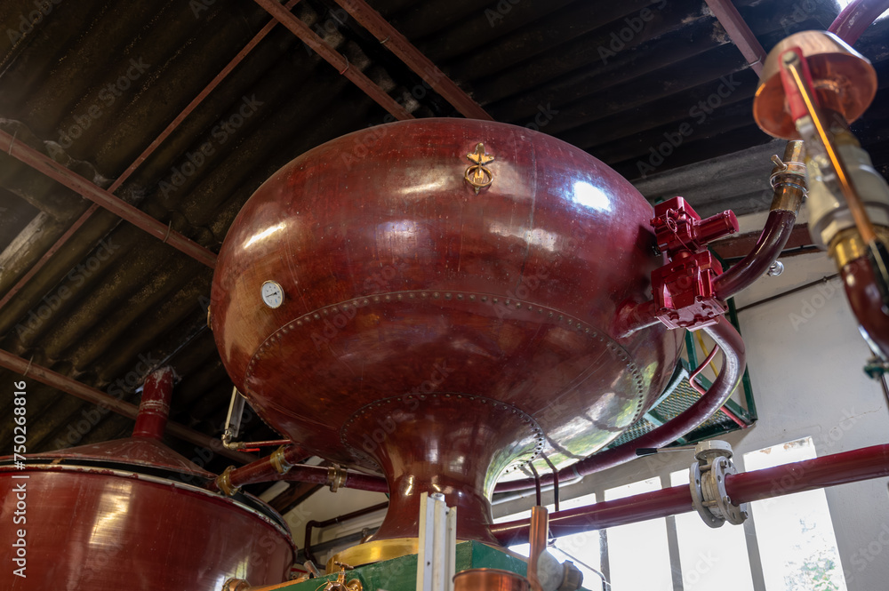 Double distillation process of cognac spirit in Charentias copper still ...