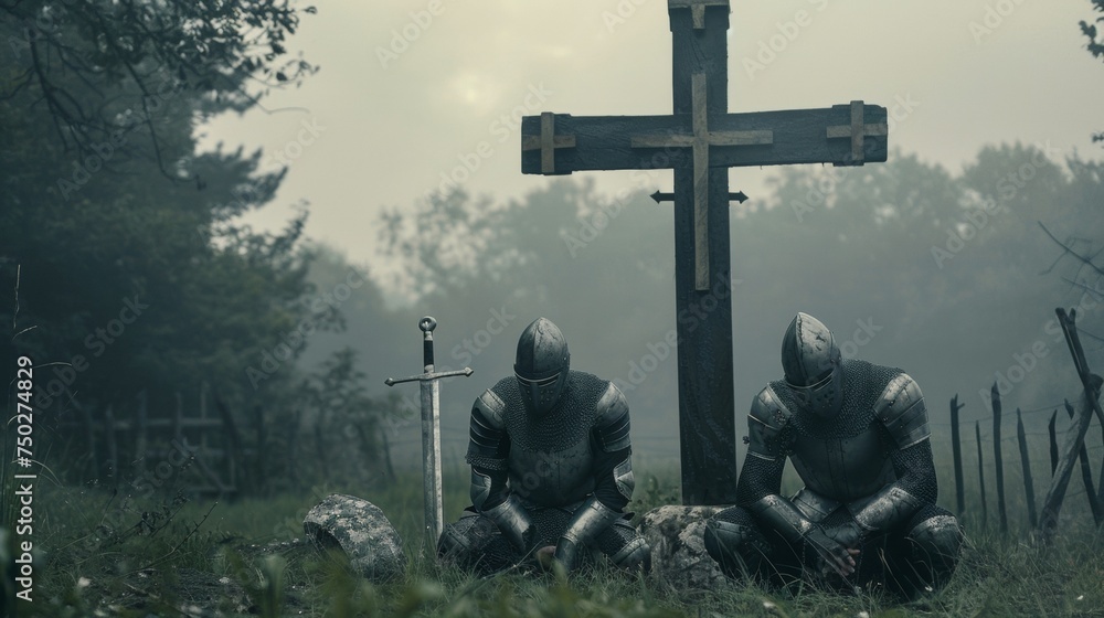 Two Teutonic Knights kneel in prayer before a large wooden cross their ...