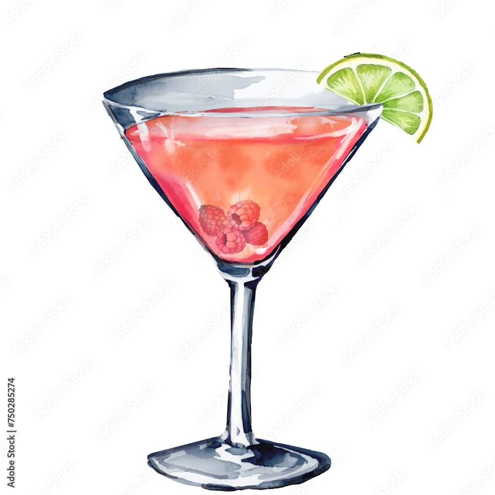 Watercolor illustration of a pink fruity Martini . isolated. colorful ...