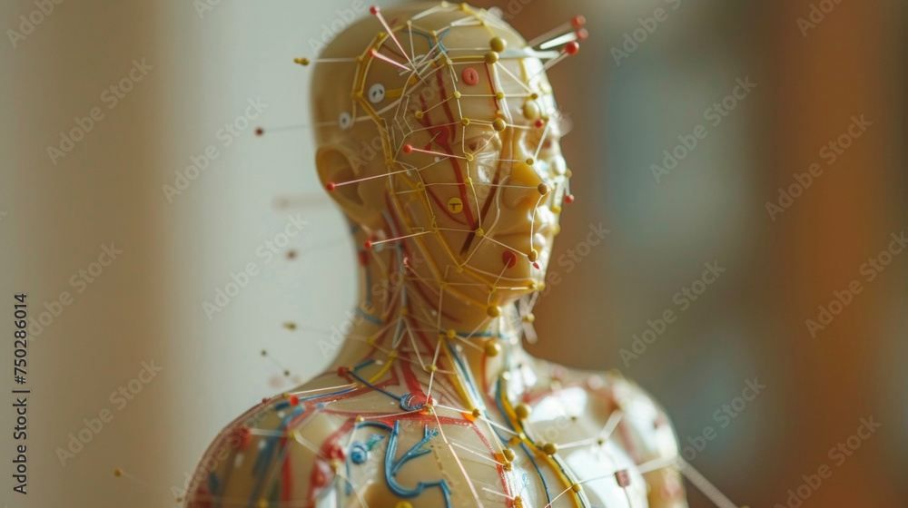 An acupuncture model displaying the 12 primary meridians and their ...