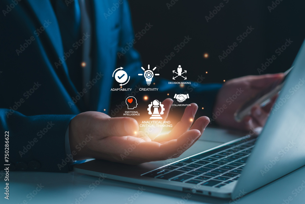 Soft skills HR concept. Business man with icons of soft skills ...