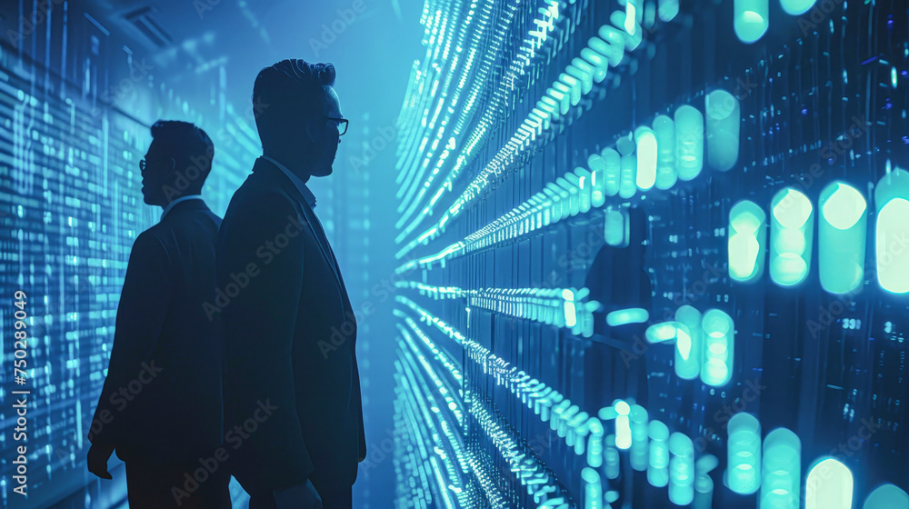 Two men standing in front of a wall of computer screens. Scene is one ...
