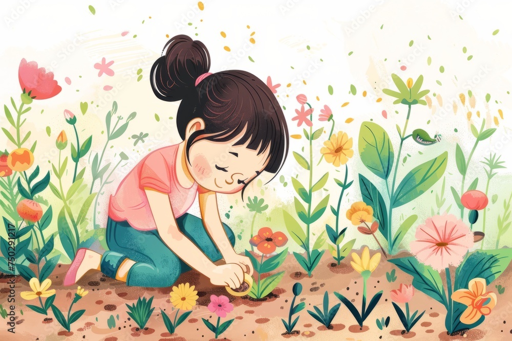 Cartoon cute doodles of a little girl planting flowers in her backyard ...
