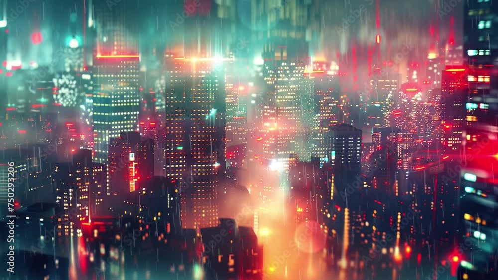 city scene at rainy night from window view. blurred scene of city view ...