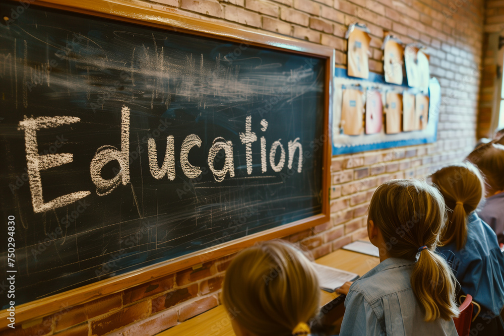 The word "Education" handwritten in white chalk on a classic blackboard ...