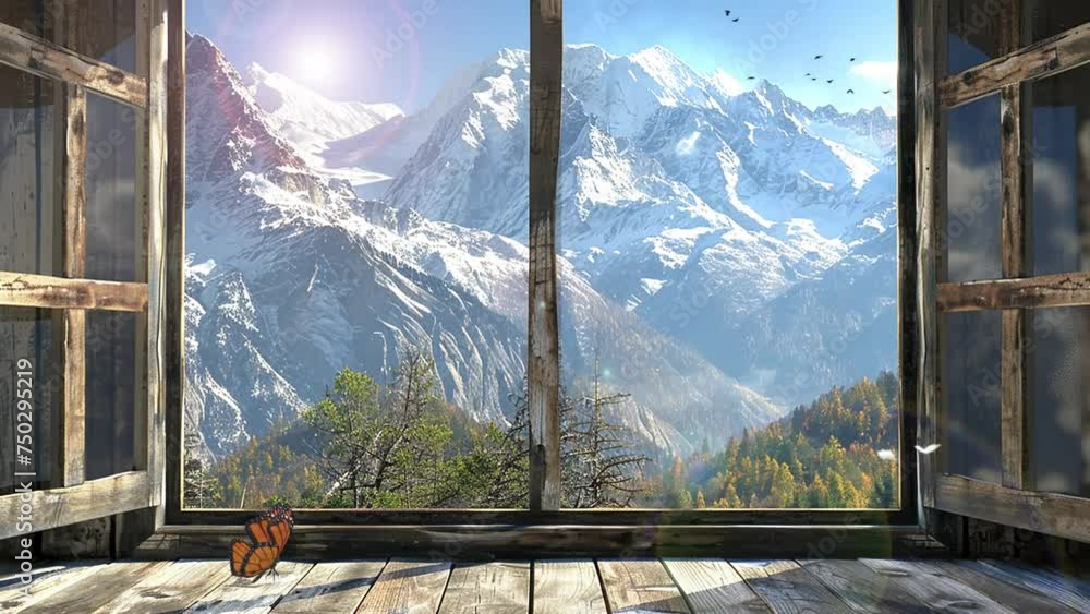 mountains view from the window of a wooden house. amazing mountain view ...