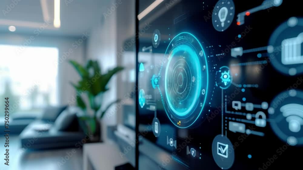A closeup of a smart home hub with various IoT devices such as lights ...