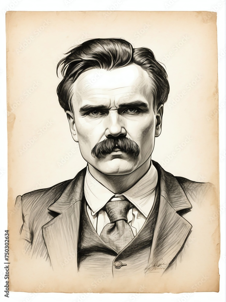 Friedrich Nietzsche hand drawn sketch portrait on plain white background from Generative AI ...