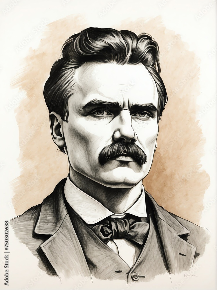 Friedrich Nietzsche hand drawn sketch portrait on plain white background from Generative AI ...
