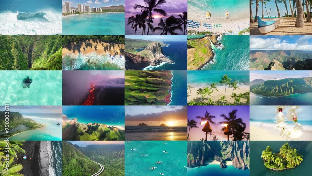 Scenic collage of Hawaii islands cinematic landmarks USA. Na Pali coast ...