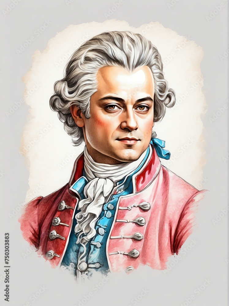 Wolfgang Amadeus Mozart hand drawn sketch portrait on plain white ...