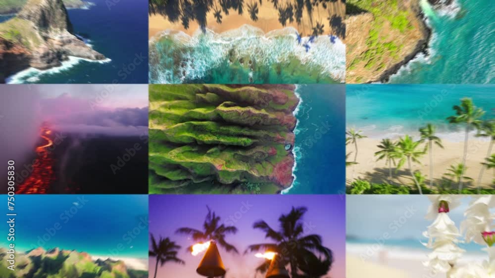 Zoom out collage of all main Hawaii islands landmarks USA. Na Pali ...
