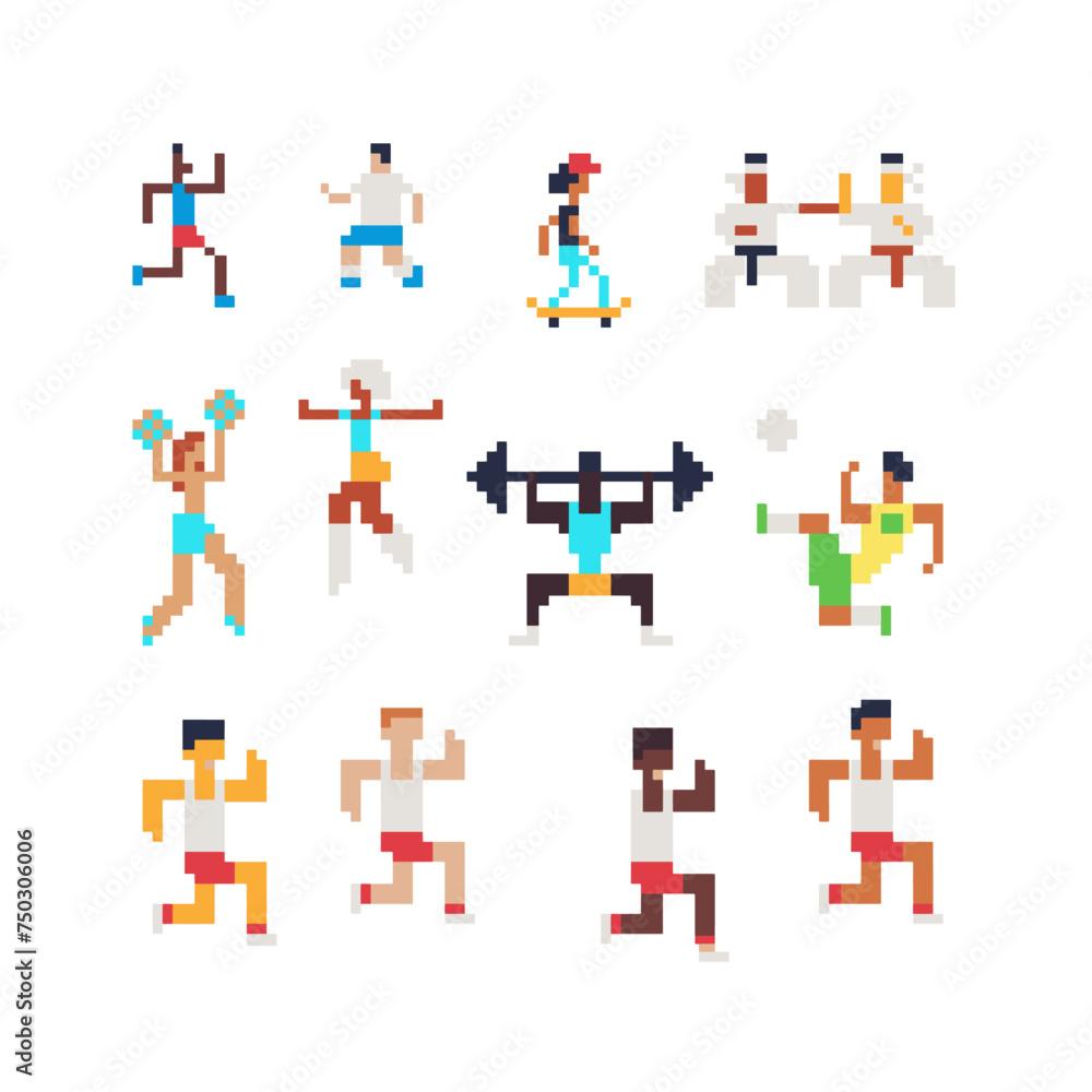 Sport pixel art set, different sports, sportsmen runners skater ...
