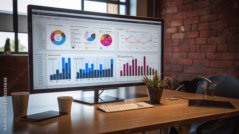. A KPI business analytics data dashboard displayed on a large monitor ...