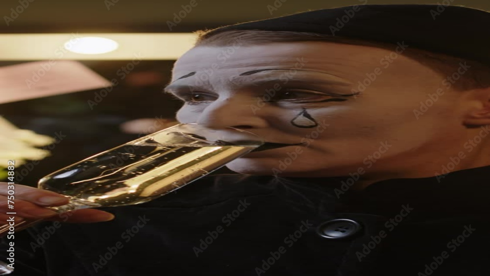 Vertical portrait of adult mime actress wearing stage costume and ...